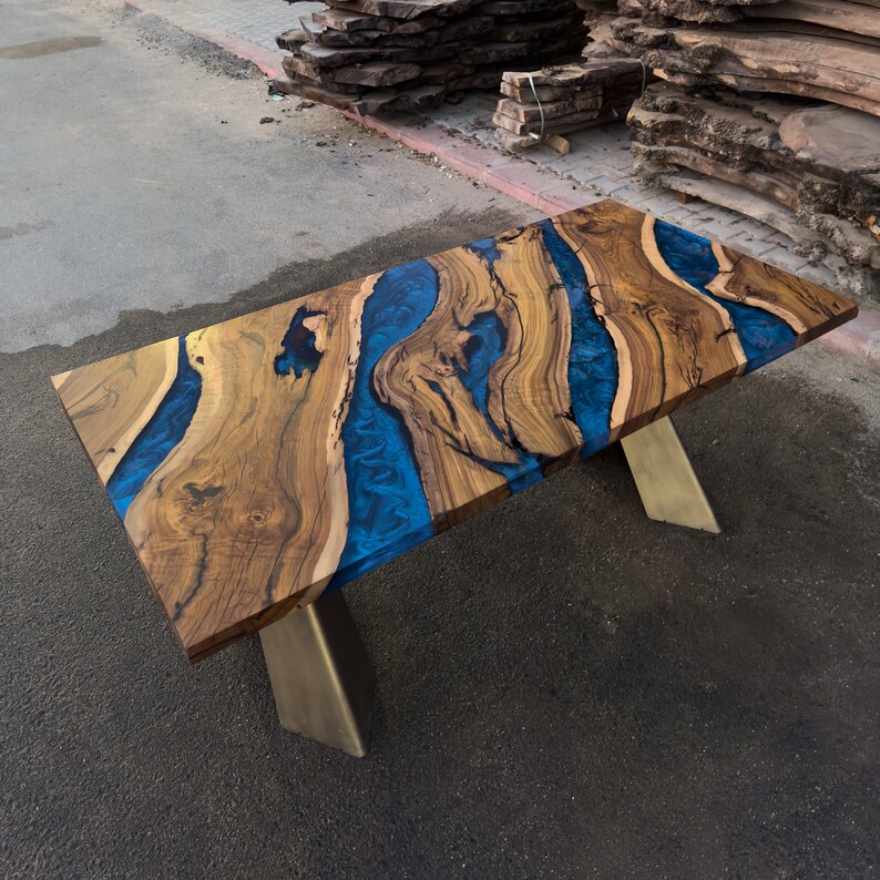 Dark Blue Epoxy Table, Resin Dining Table, Live Edge River Resin Wood ...