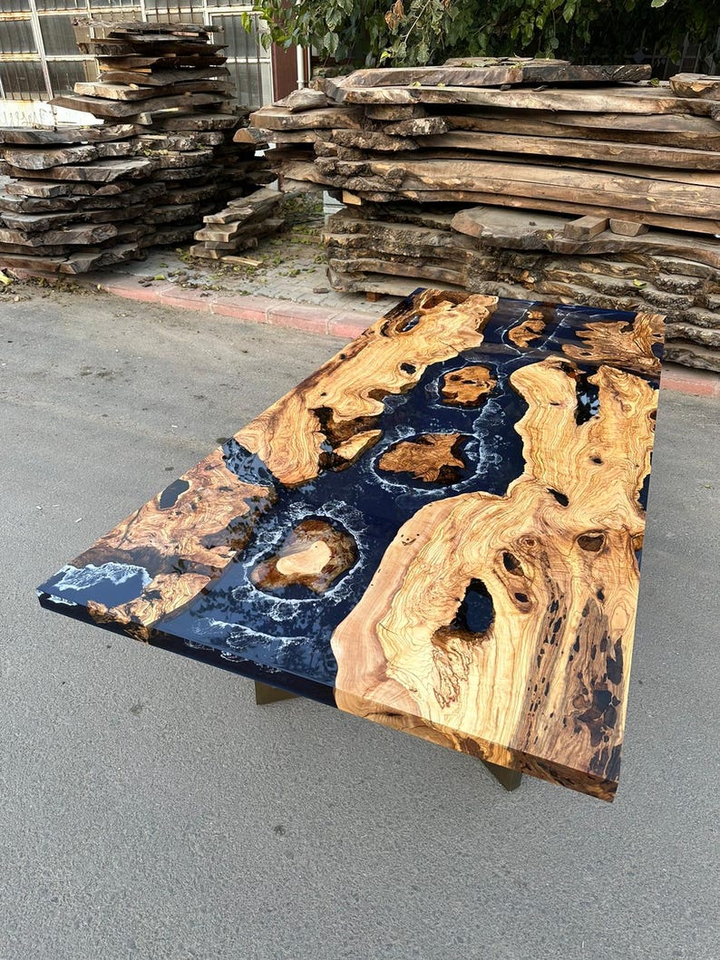 Custom Blue Ocean Epoxy Dining Table, Wood Blue Resin Table, Living ...