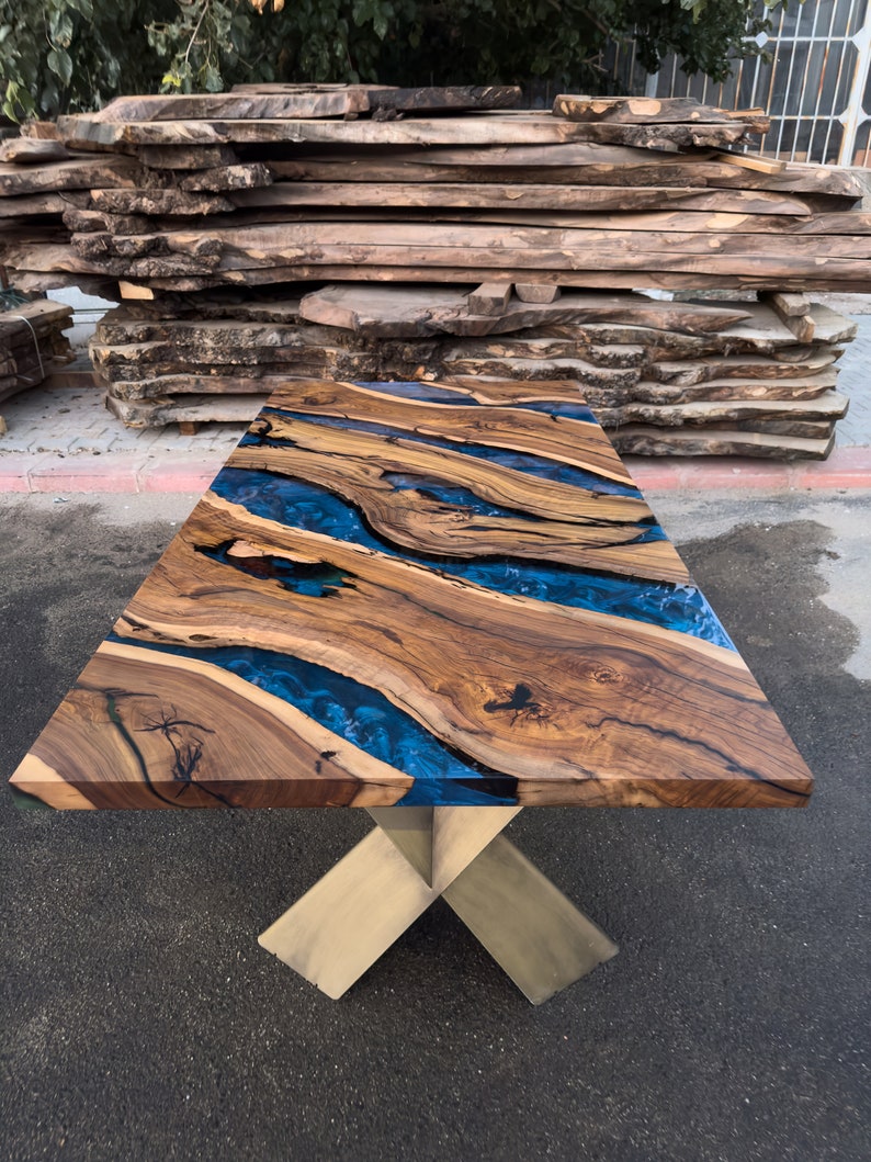 Dark Blue Epoxy Table, Resin Dining Table, Live Edge River Resin Wood ...