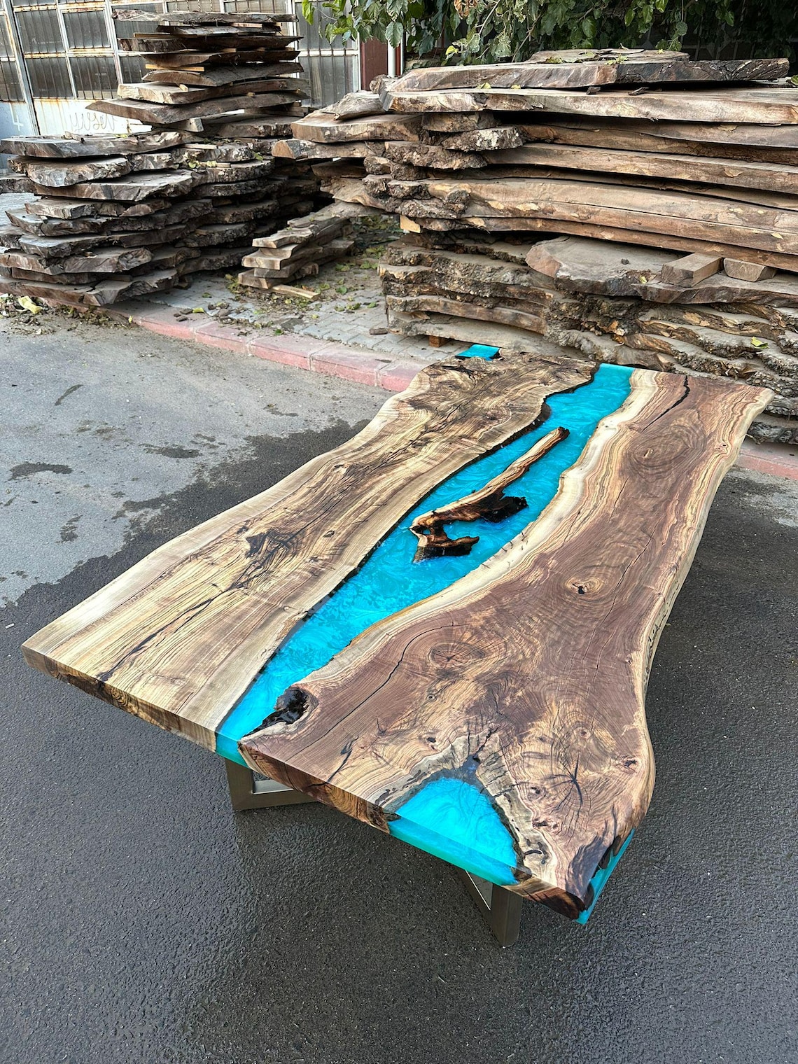 Custom Ancient Olive Slabs Epoxy Dining Live Edge Table, Resin River ...