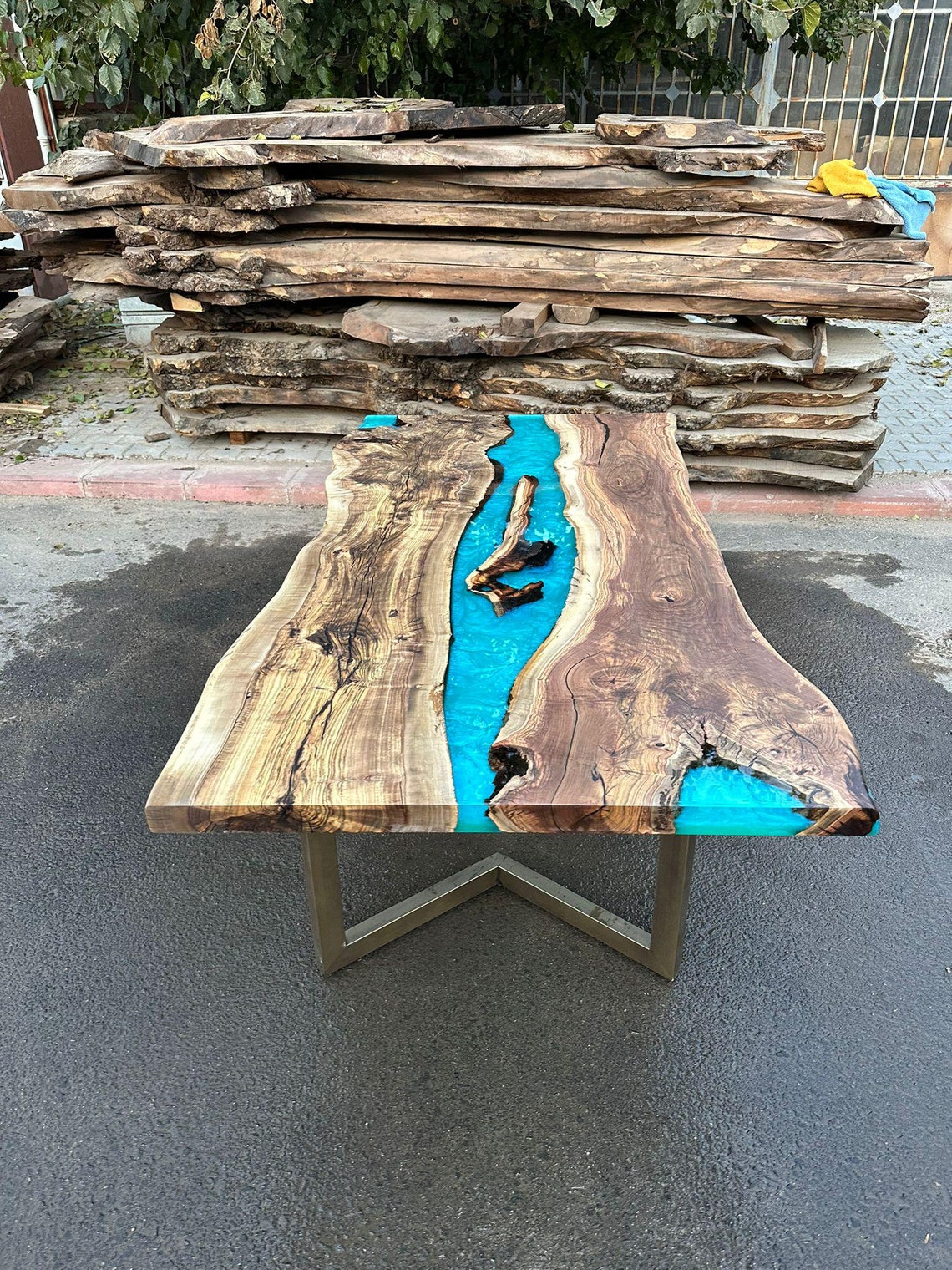 Custom Ancient Olive Slabs Epoxy Dining Live Edge Table, Resin River ...