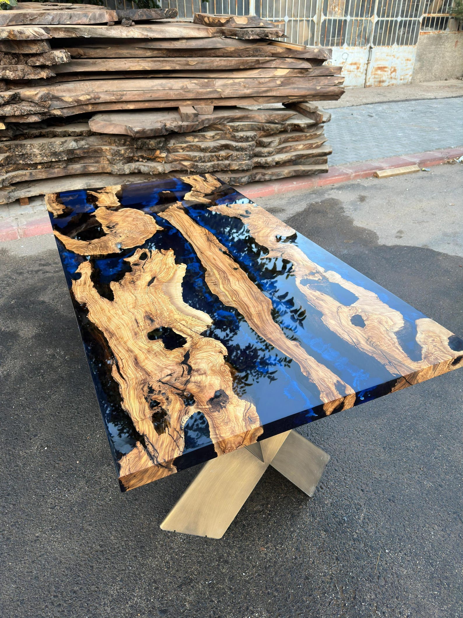 Ocean Blue Epoxy Resin Olive Wood Dining Table, Live Edge - Etsy
