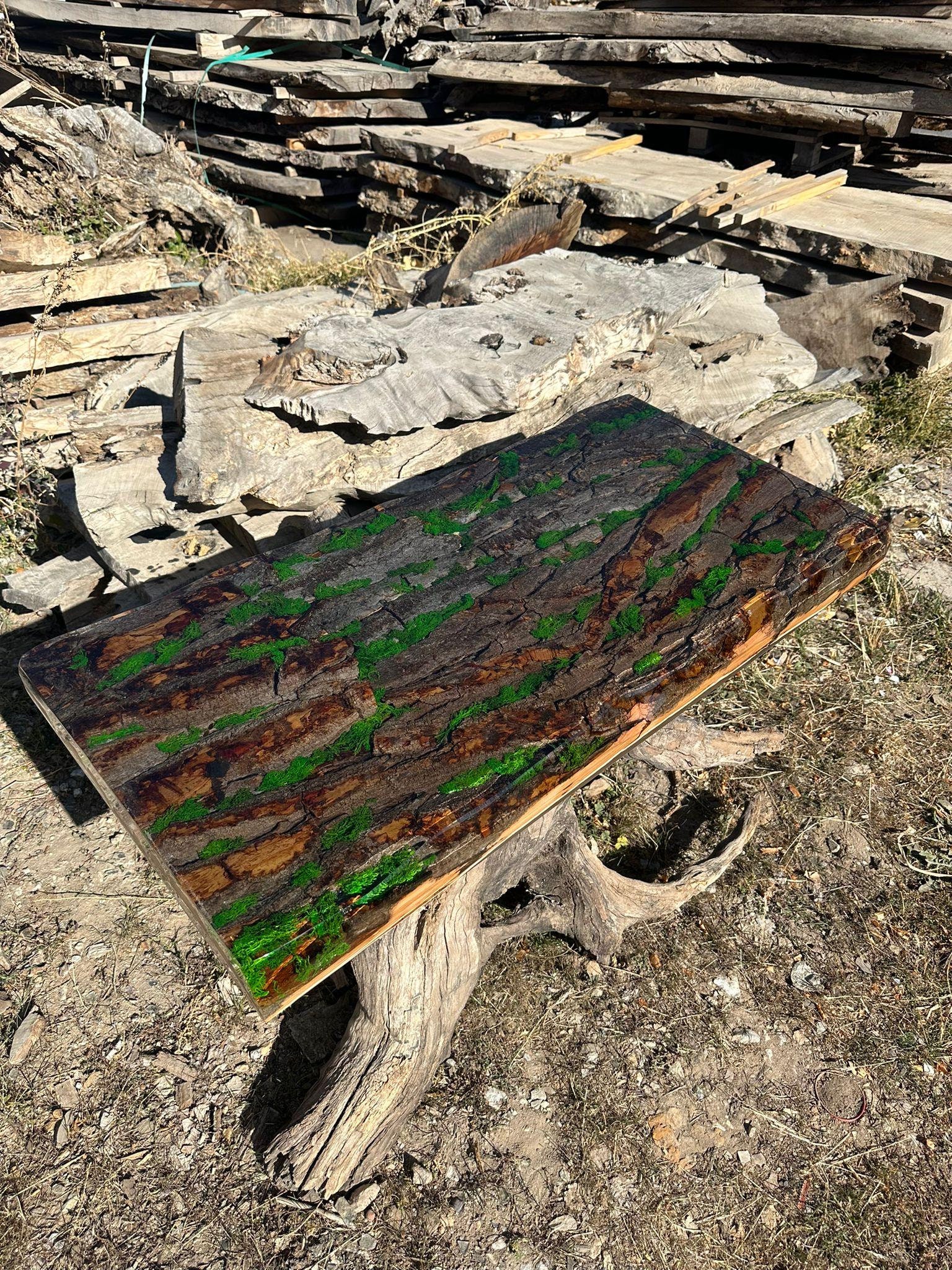 Tree Bark Live Moss Clear Epoxy Table, Moss Resin Dining Table, Live ...