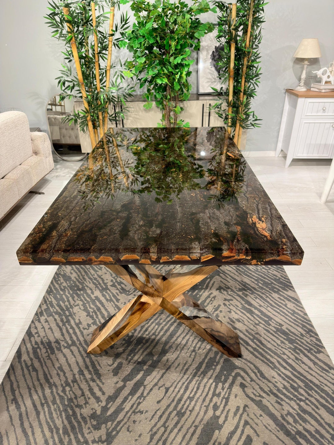 Custom Special Tree Bark & Moss Epoxy Table, Resin Dining Table, Tree ...
