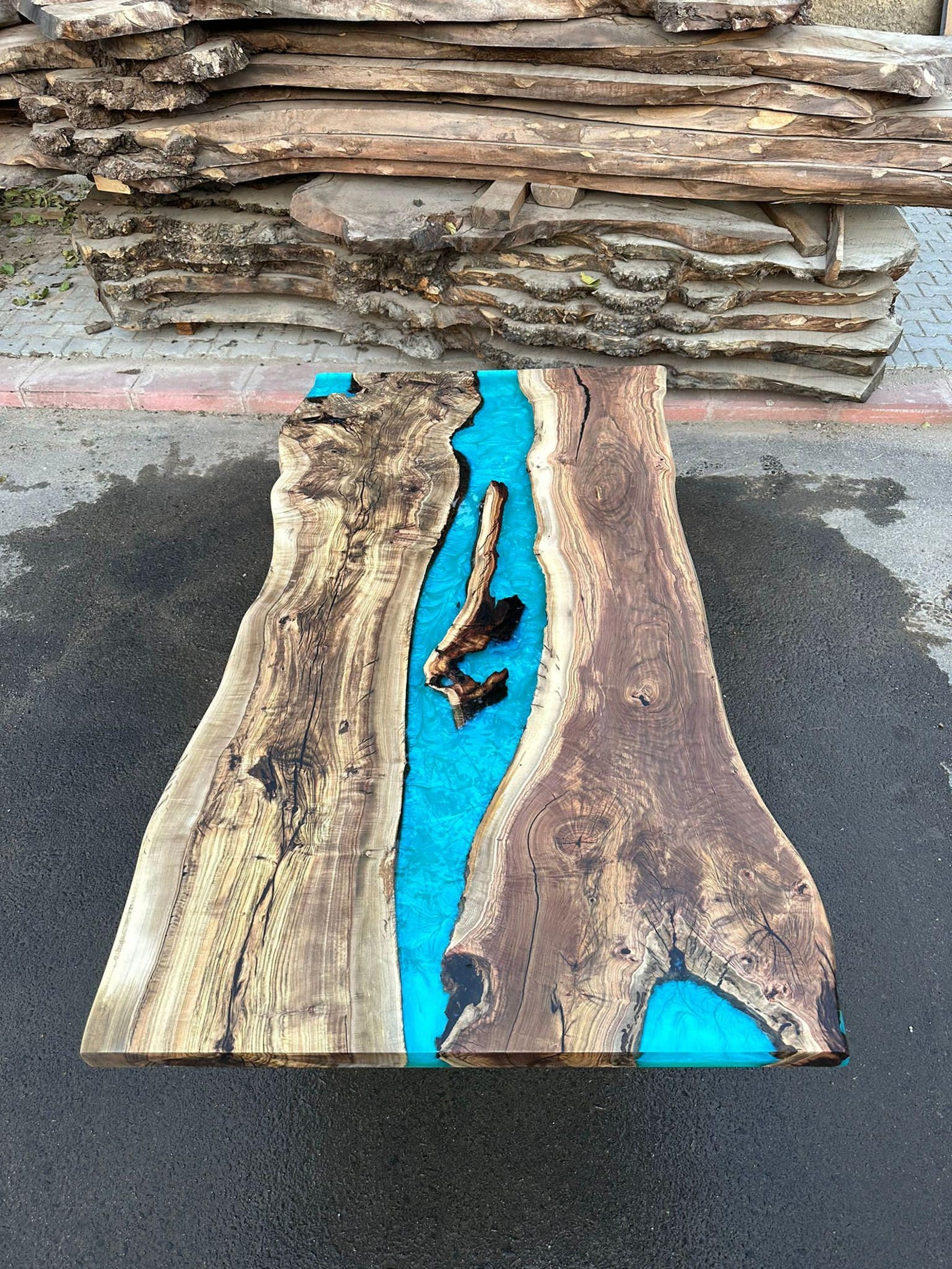 Custom Ancient Olive Slabs Epoxy Dining Live Edge Table, Resin River ...