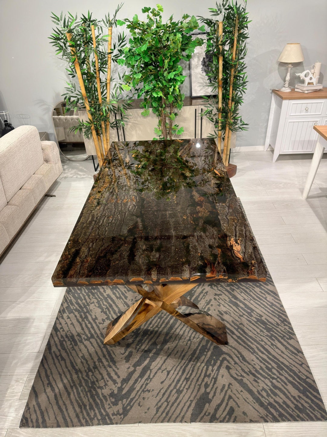 Tree Bark Moss Dining Table, Epoxy Resin Dining Table, Tree Bark Office Table, Epoxy Table Top ...