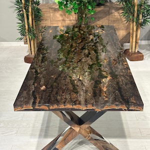 Custom Special Tree Bark & Moss Epoxy Table, Resin Dining Table, Tree ...