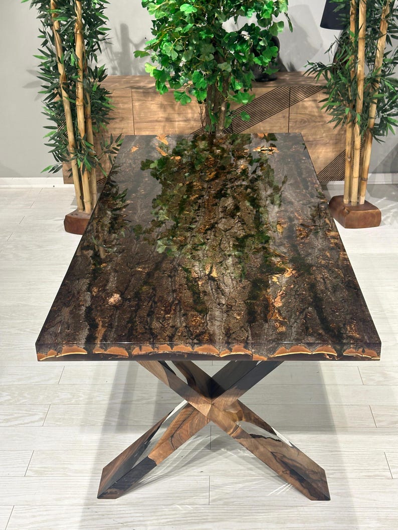 Custom Special Tree Bark & Moss Epoxy Table, Resin Dining Table, Tree ...