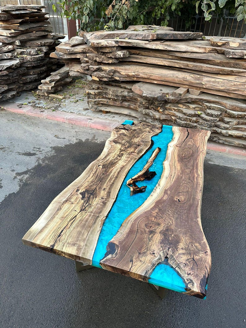 Custom Ancient Olive Slabs Epoxy Dining Live Edge Table, Resin River ...