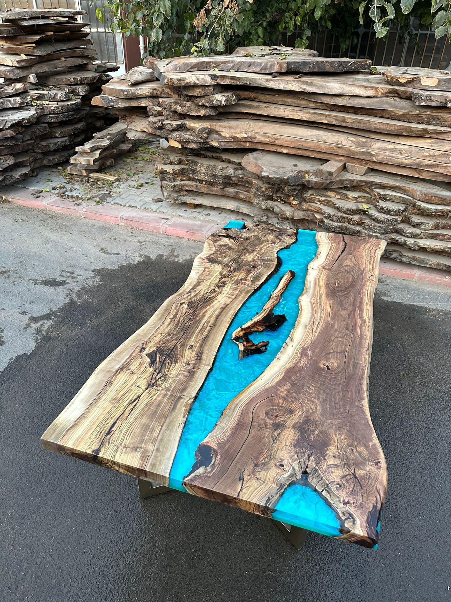 Custom Ancient Olive Slabs Epoxy Dining Live Edge Table, Resin River ...