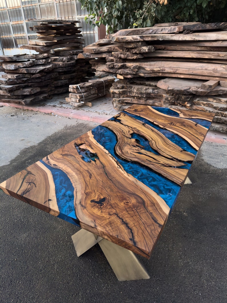 Custom Blue Hackberry Epoxy Resin Dining Table Live Edge River Resin ...