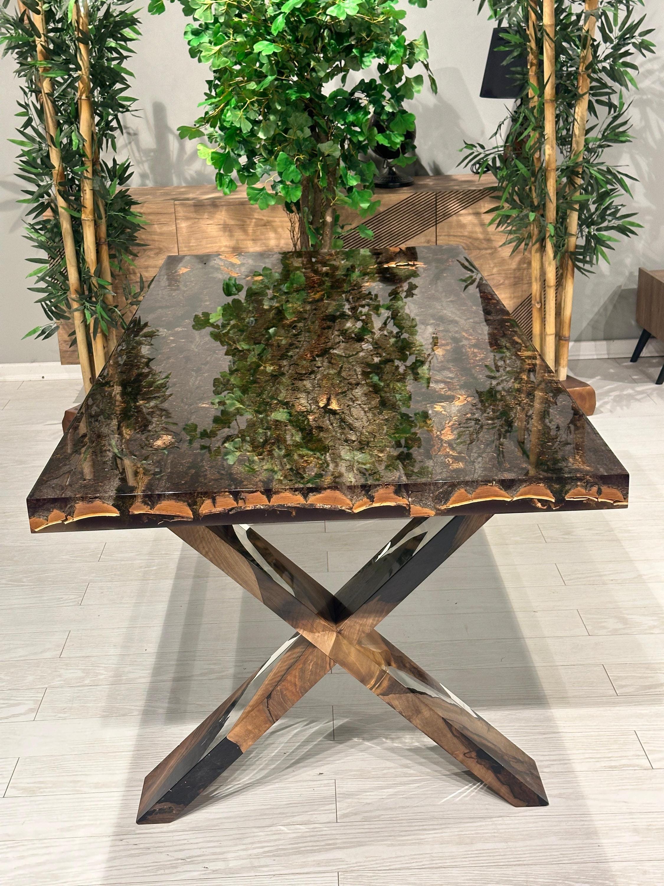 Custom Special Tree Bark & Moss Epoxy Table, Resin Dining Table, Tree ...