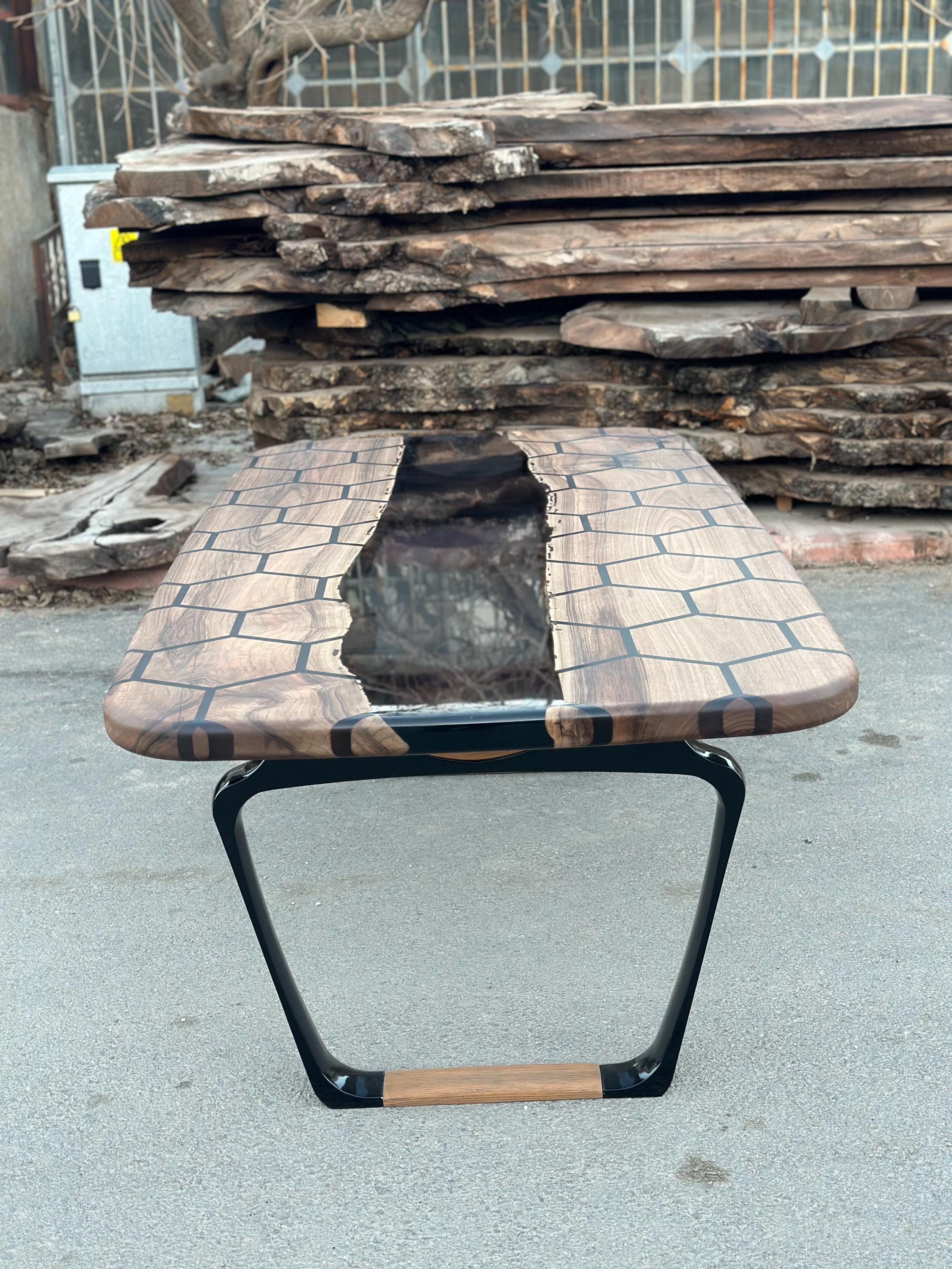 Hexagon Honeycomb Epoxy Table, Walnut Hexagon Design Dining Table ...
