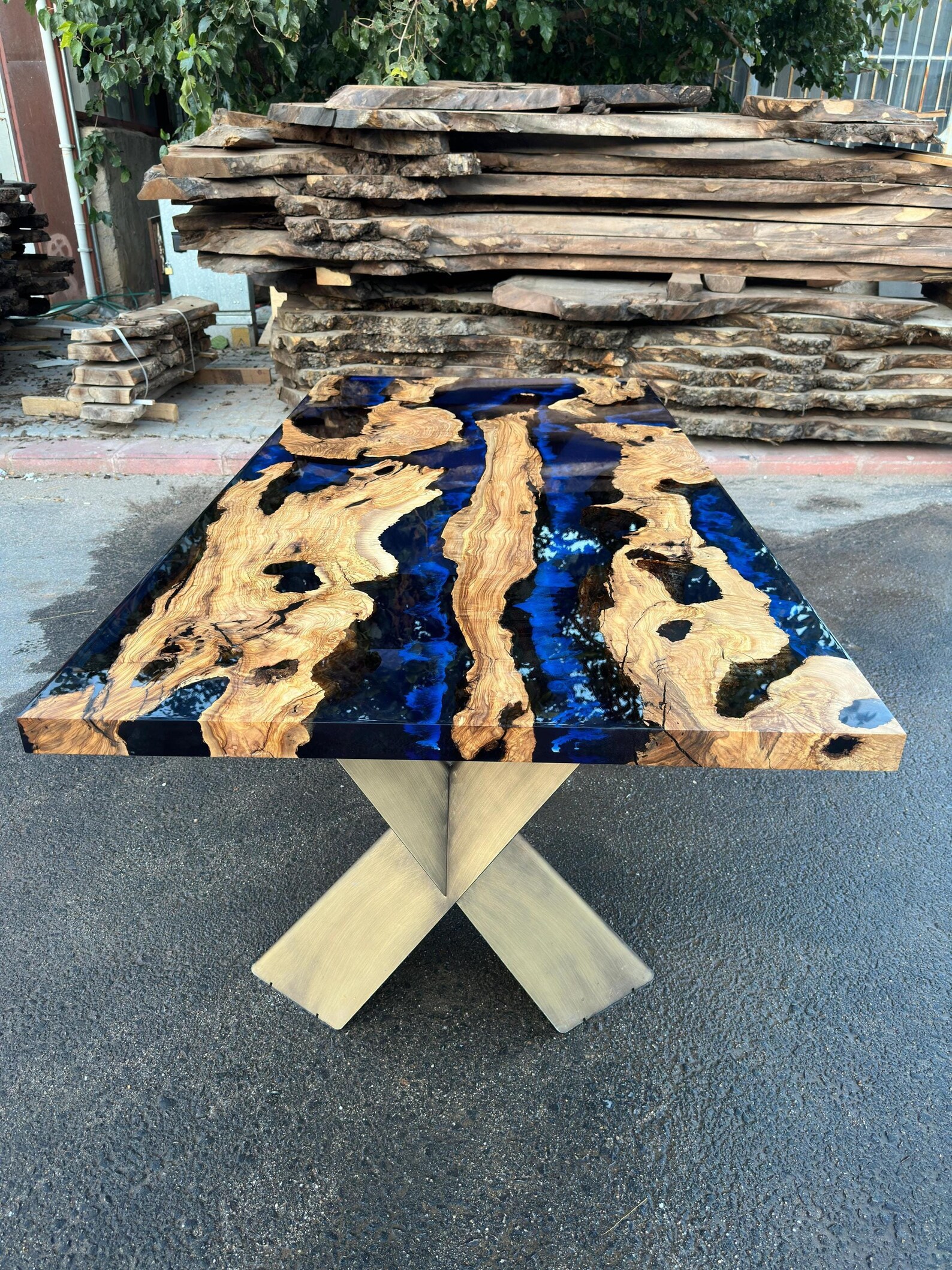 Ocean Blue Epoxy Resin Olive Wood Dining Table, Live Edge - Etsy