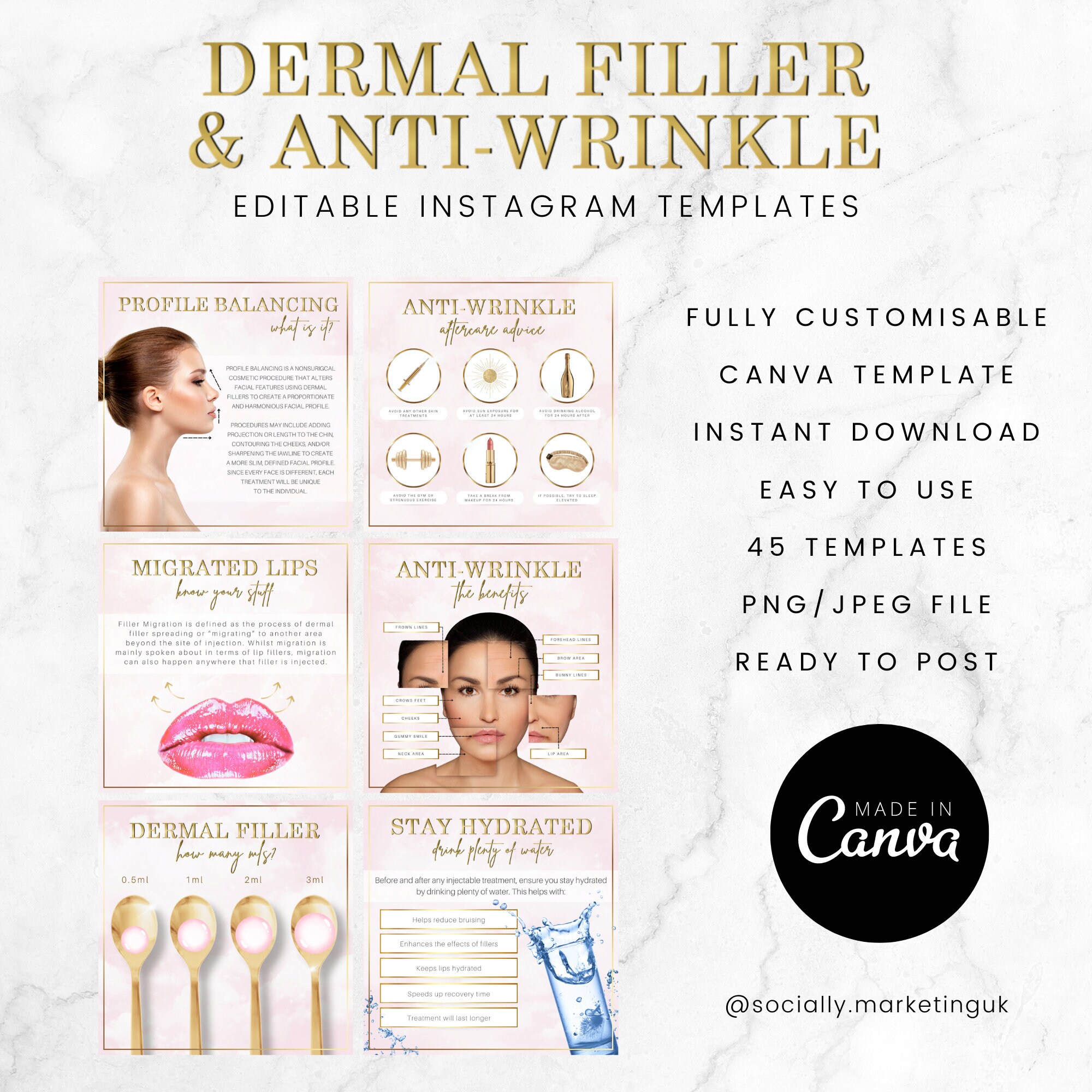 45 Anti Wrinkle and Filler Instagram Post Templates, Pink & Gold Luxury ...
