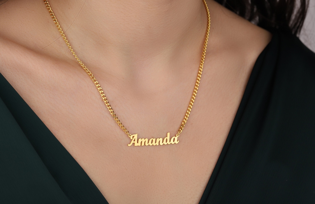 14K Solid Gold Name Necklace Curb Chain, Silver Name Necklace, Gold ...