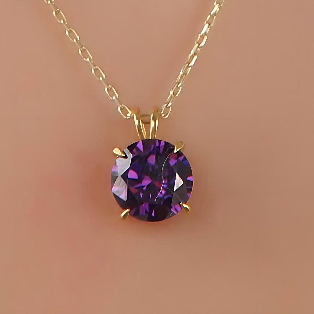 Amethyst Round Cut Necklace, February Birthstone Necklace, Solid Gold ...