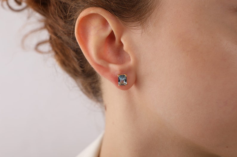 Aquamarine Radiant Cut Earrings, March Birthstone Earrings, Solid Gold ...