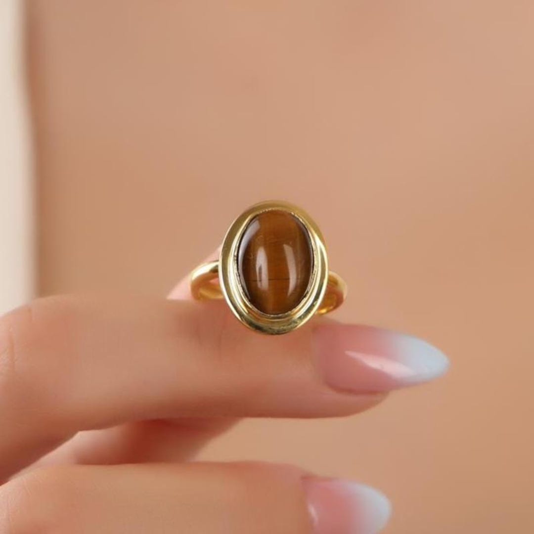 Natural Tiger Eye Ring for Women in 10K Gold, Unique Oval Gemstone Ring ...