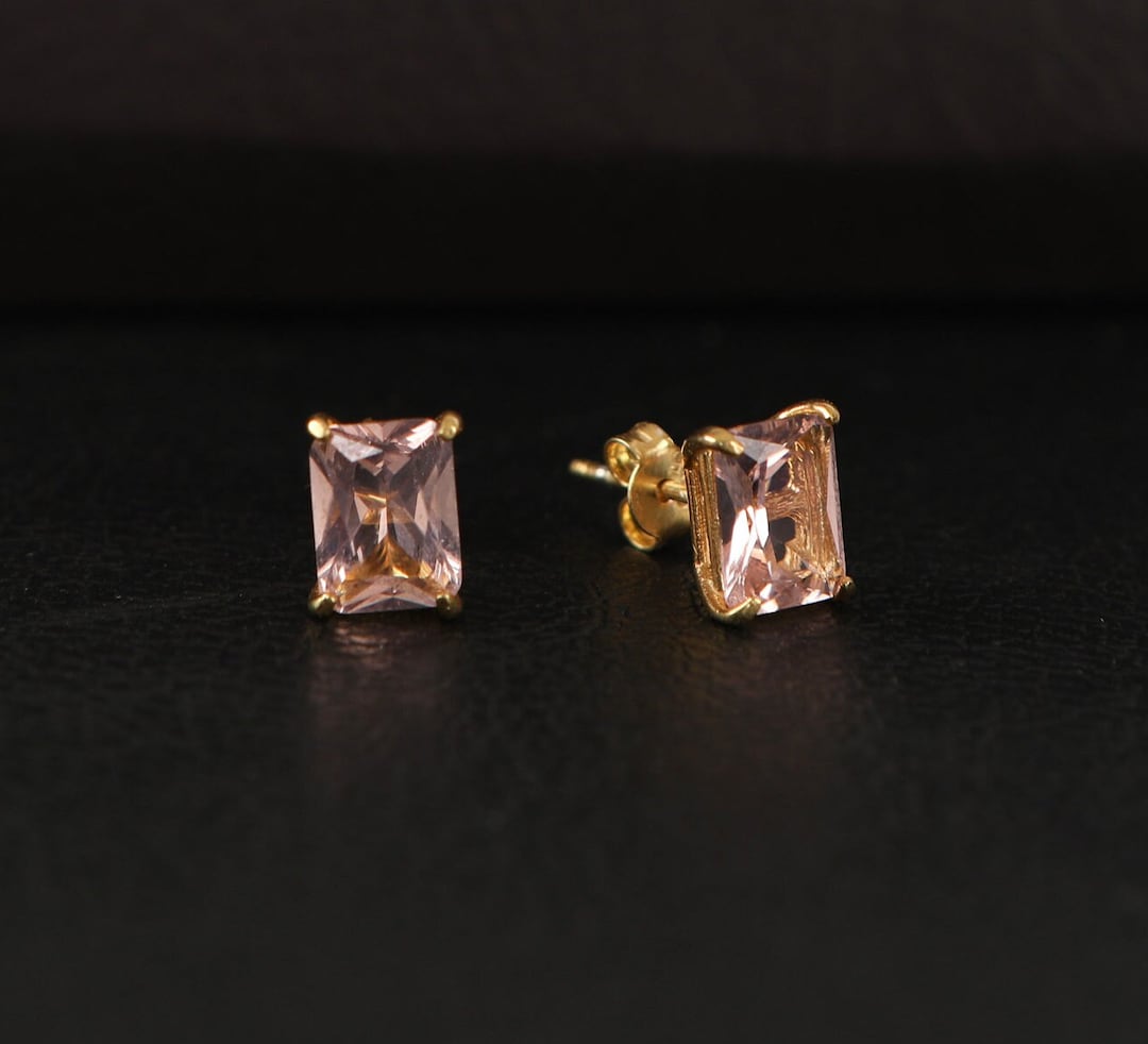 Morganite Radiant Cut Earrings, Birthstone Earrings, Solid Gold ...