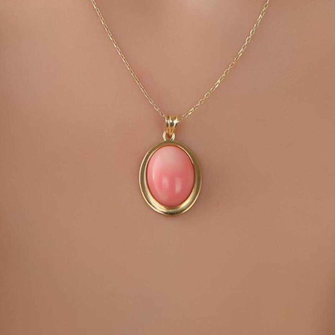 Pink Coral Stone Necklace, Oval Gemstone Pendant in Gold - Etsy