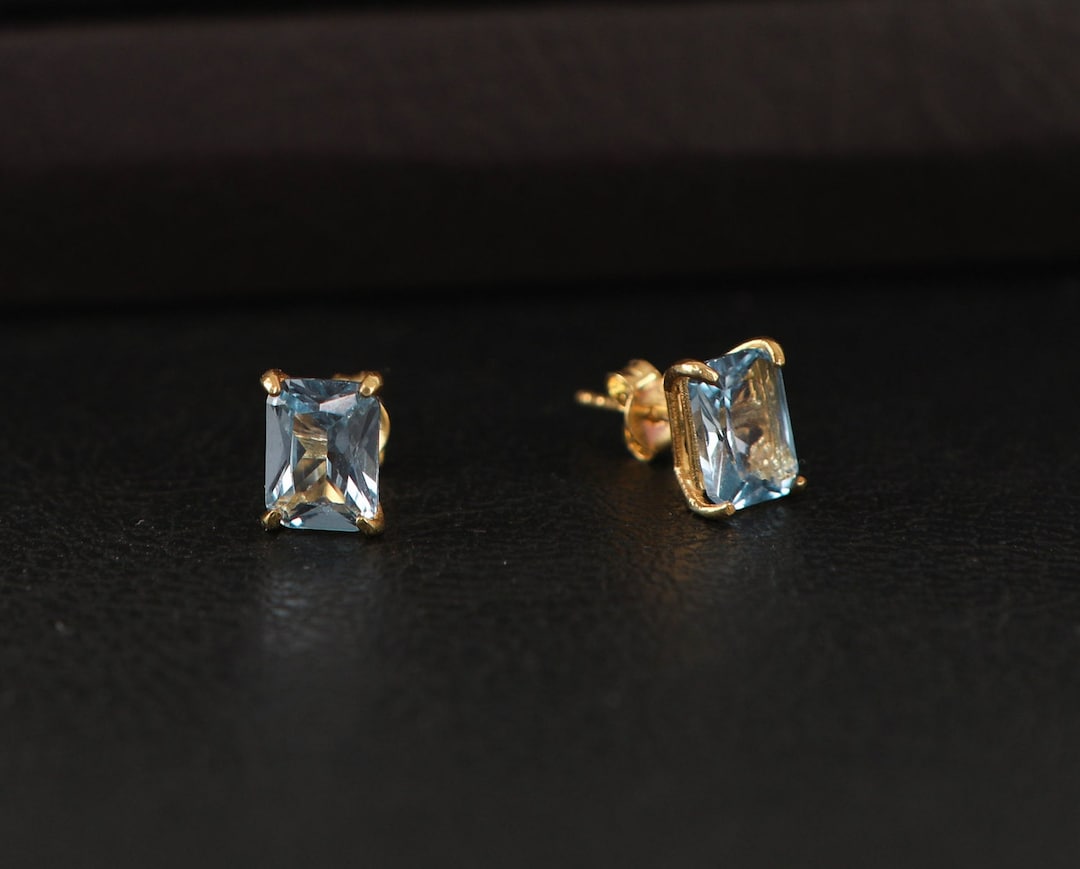 Aquamarine Radiant Cut Earrings, March Birthstone Earrings, Solid Gold ...