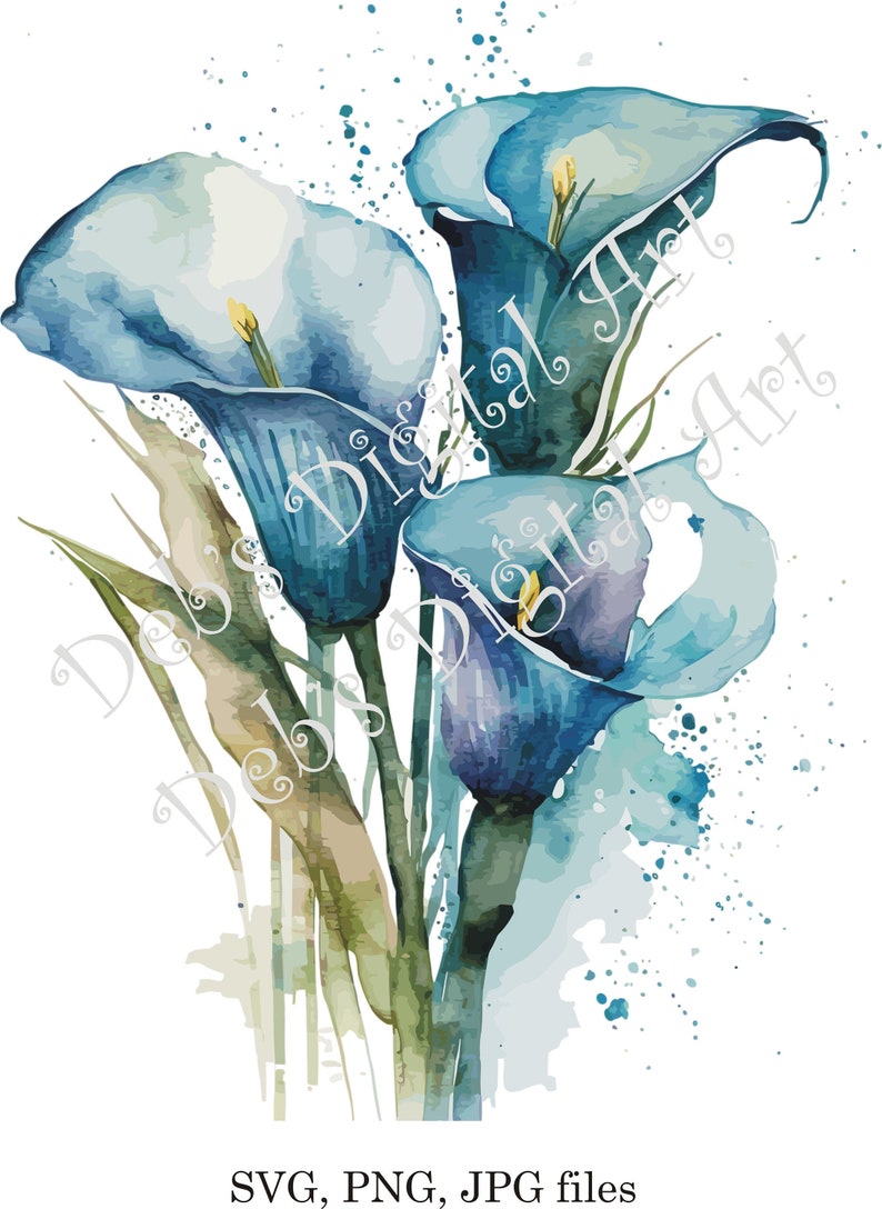 Watercolor Botanical Calla Lilies Blue Bouquet Flower Plant Digital ...