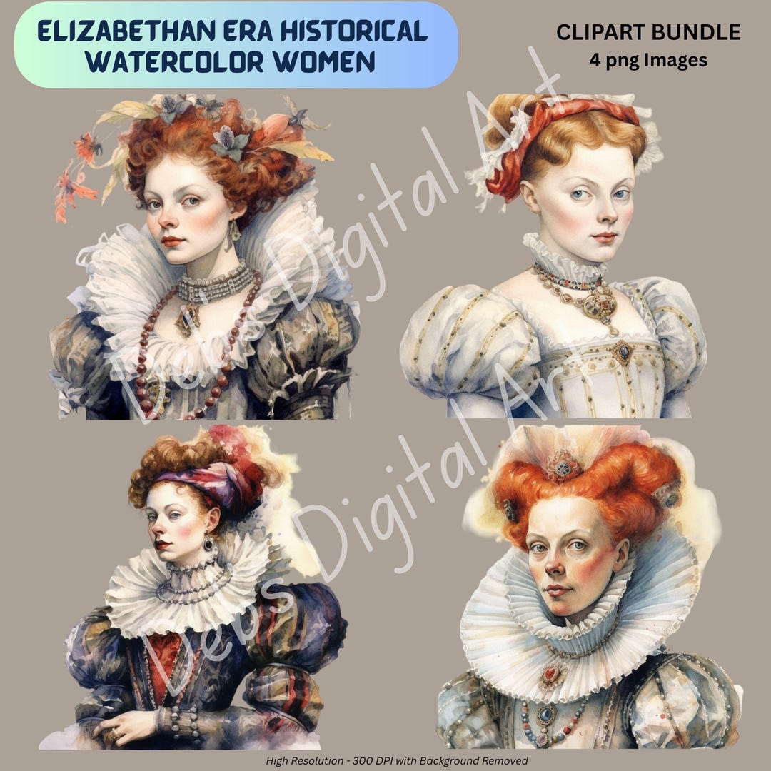 Elizabethan Era Women, Tudor Watercolor Woman Clipart: (set 4 PNG ...
