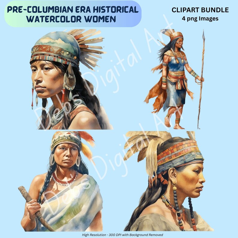 Pre-columbian Women, Indigenous Watercolor Woman Clipart: (4 PNG ...