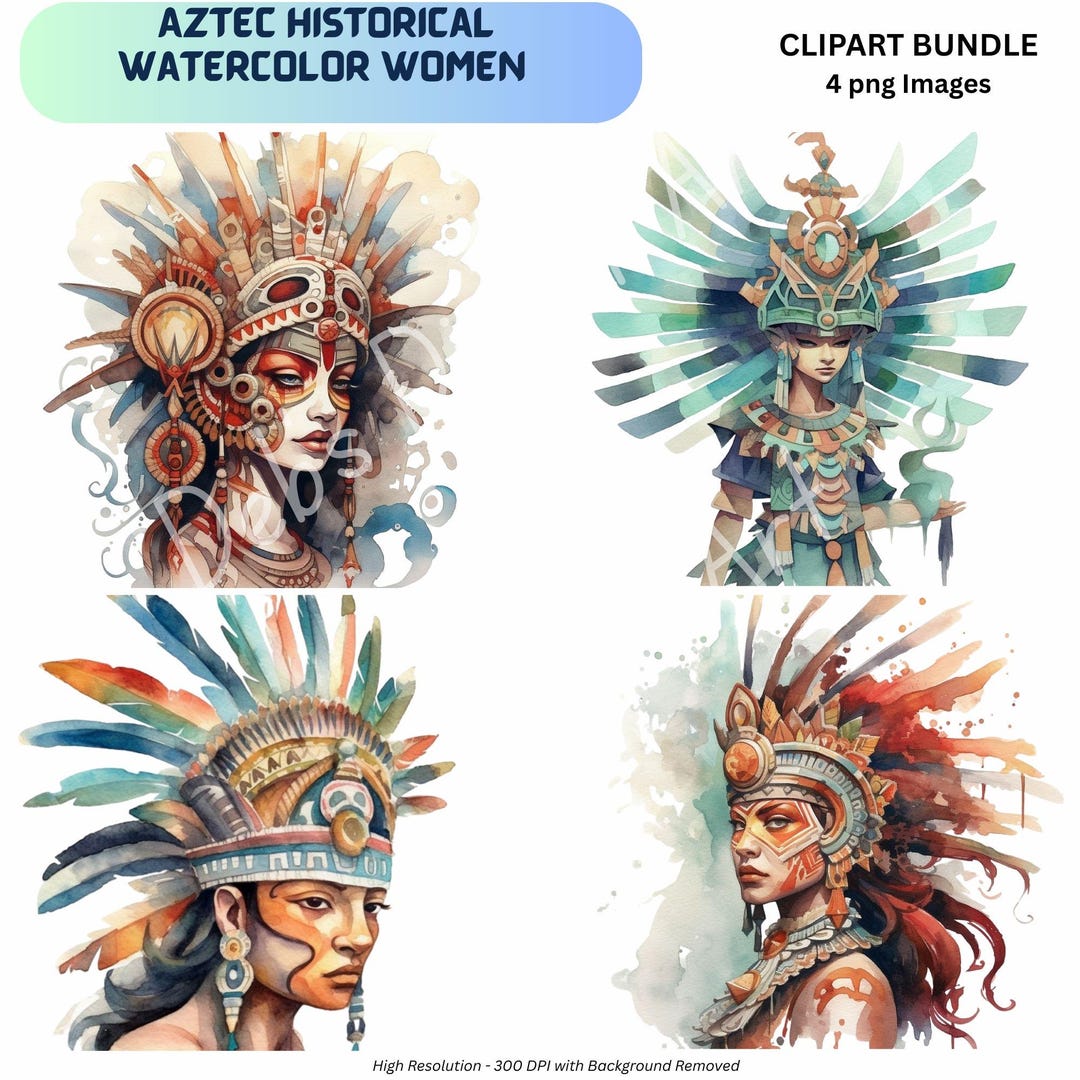 Aztec Women, Mesoamerican Era Watercolor Woman Clipart: (set 4 PNG ...