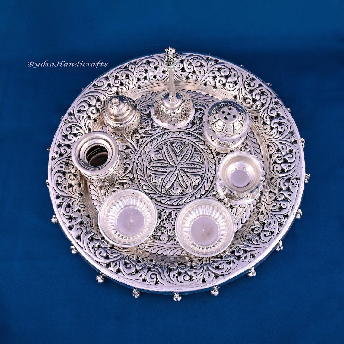 German Silver Heavy Pooja Thali (diameter 10”) With Ghungroo, Home ...