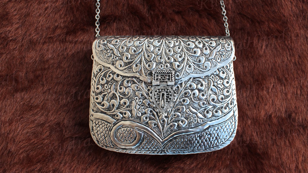 Silver Metal Clutch Indian Handmade Silver Metal Party Sling Bag ...