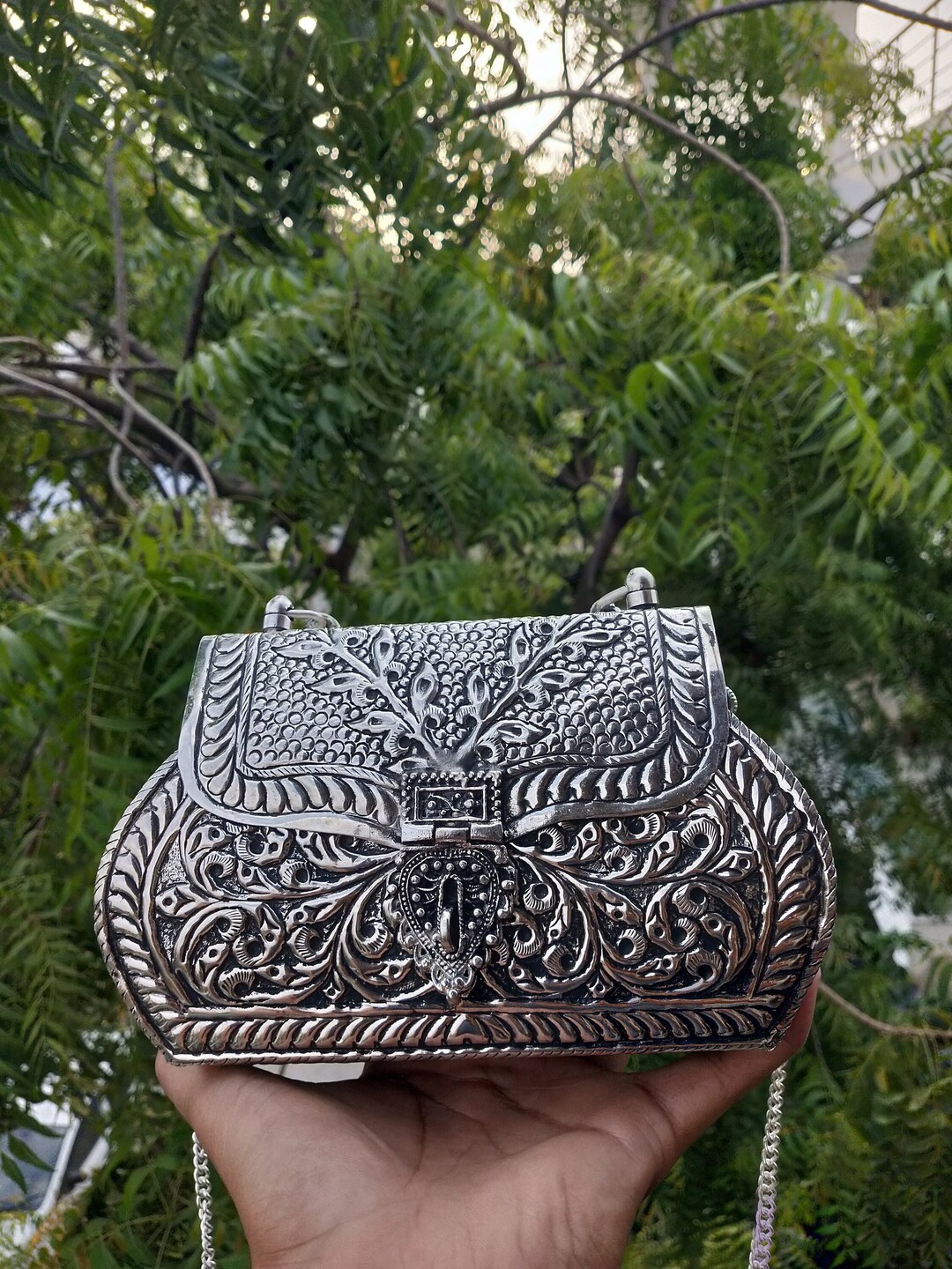 Silver Metal Clutch+ Sling Indian Silver Metal Party Sling Bag /ethnic ...