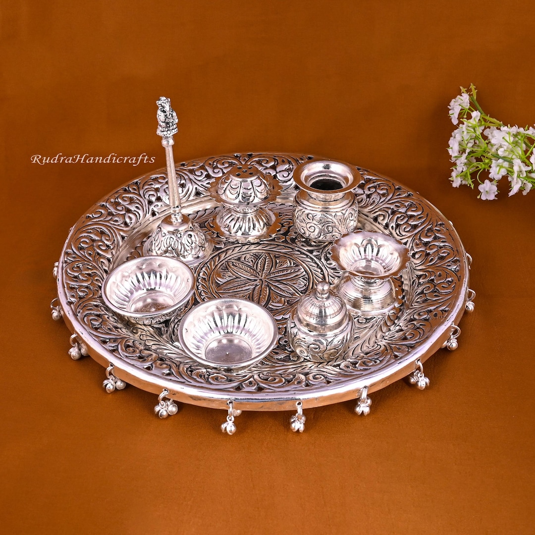 German Silver Heavy Pooja Thali (diameter 10”) With Ghungroo, Home ...