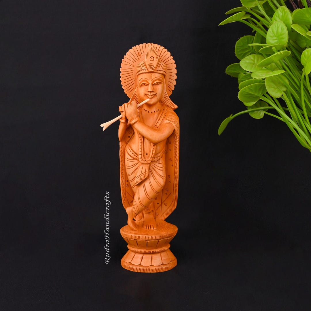 Lord Krishna Wooden Statue, Handmade Krishna Figurine Sculpture, Wooden ...
