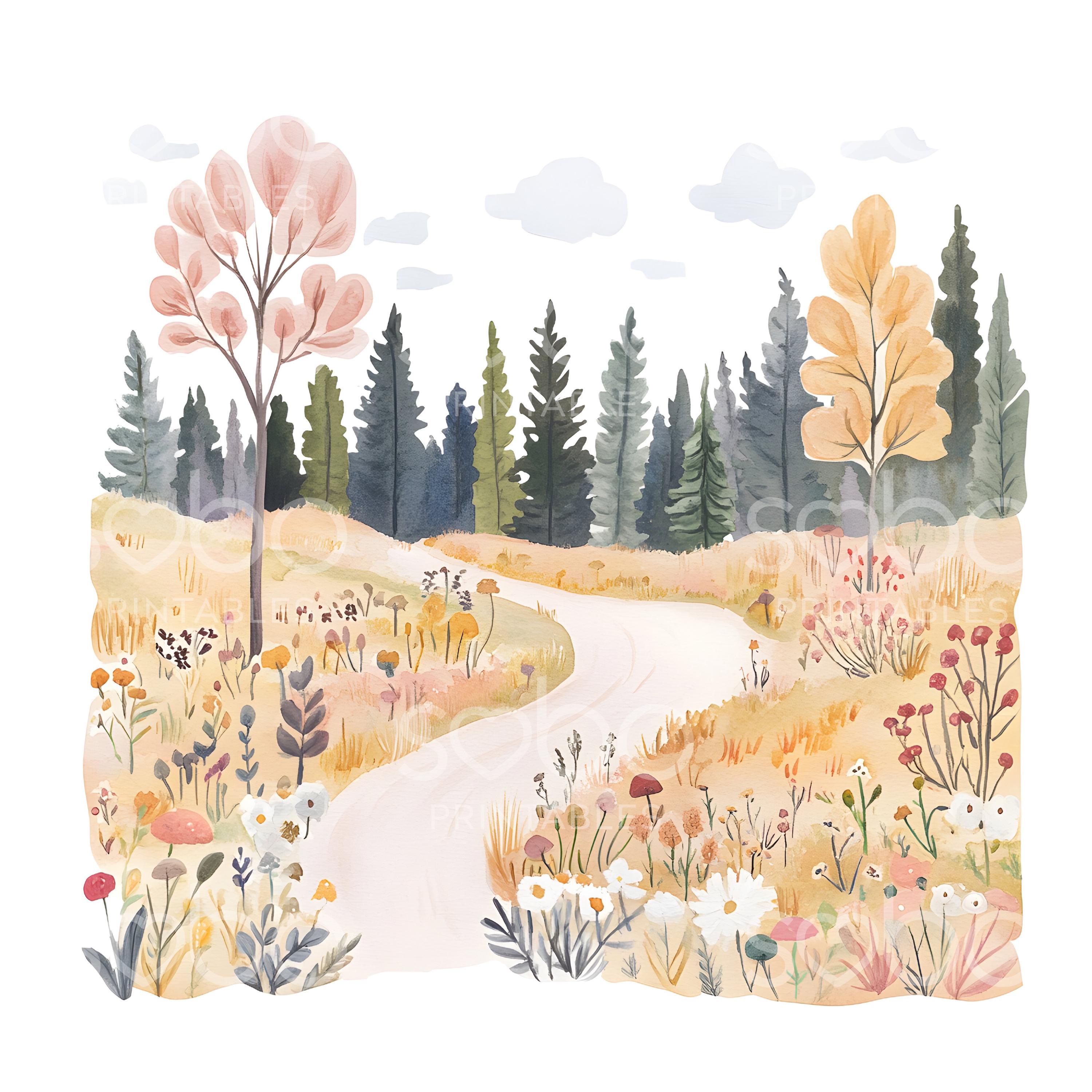 17 Cute Autumn Nature Clipart, Fall Autumn Forest Landscape, Watercolor ...