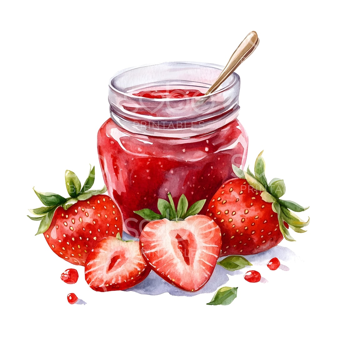 17 Strawberry Jam Jar Clipart, Fresh Strawberries, Printable Watercolor ...