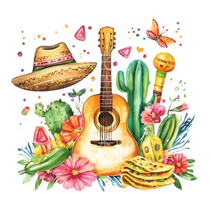 12 Mexican Arrangement Clipart, Guitar, Cactus, Sombrero Tacos, Cinco ...