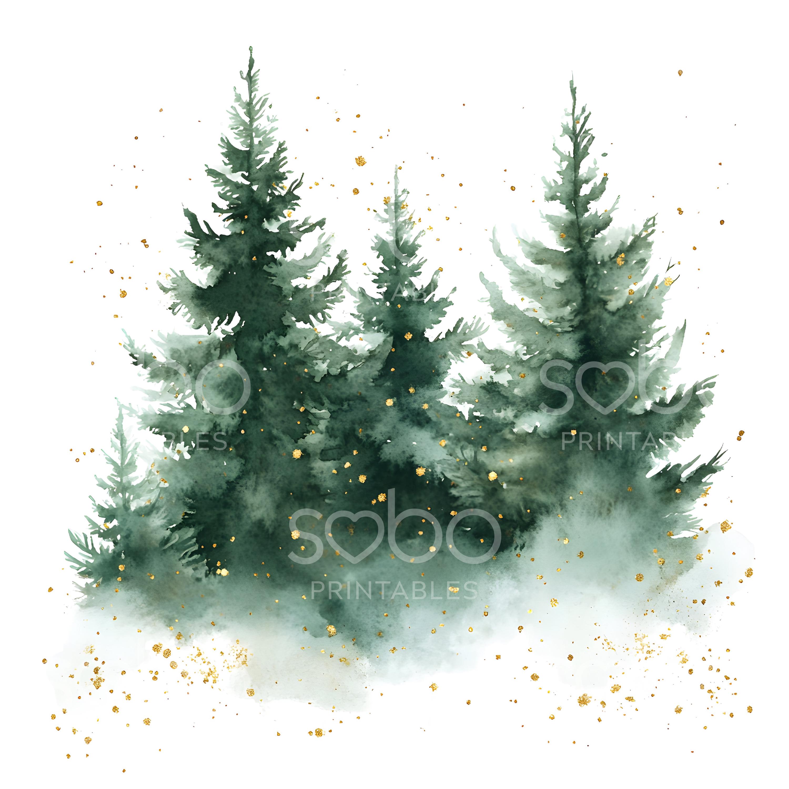 20 Christmas Pine Trees Clipart, Gold Winter Festive Clipart, Printable ...