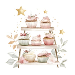 30 Boho Pastel Cupcake Clipart, Kids Birthday Cupcakes Invite, Gold ...