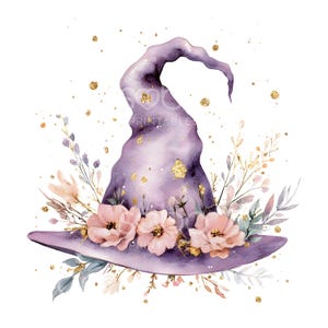 30 Floral Witch Hat Clipart, Witchy Halloween Printable Watercolor Art ...