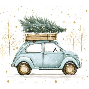 17 Vintage Christmas Blue Car Clipart, Blue Retro Car Fir Tree, Gold ...
