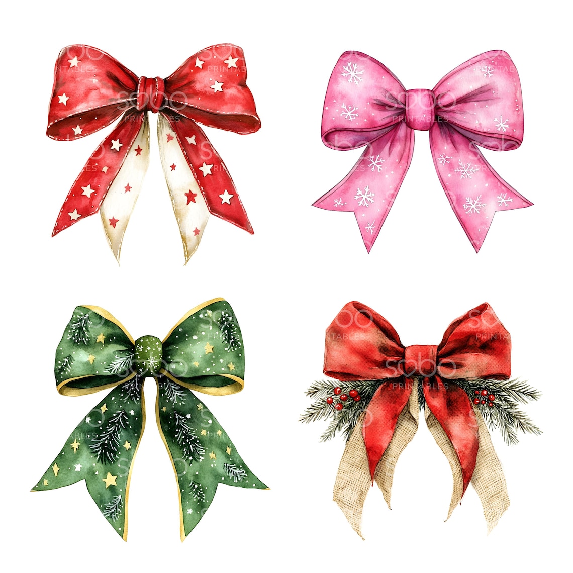 30 Assorted Christmas Bows Clipart, Festive Bow, Christmas Card Art ...