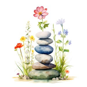 16 Zen Stones Floral Clipart, Wild Flowers, Printable Watercolor ...