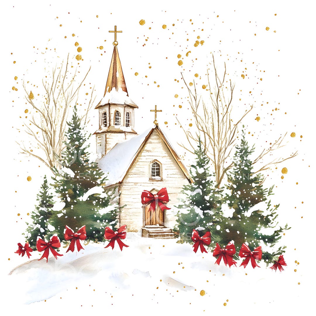 23 Christmas Church Clipart, Xmas Church Art, Gold Foil Christmas Card ...