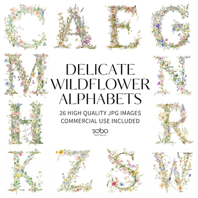26 Delicate Wildflower Alphabets Clipart, Wedding Watercolor Floral ...