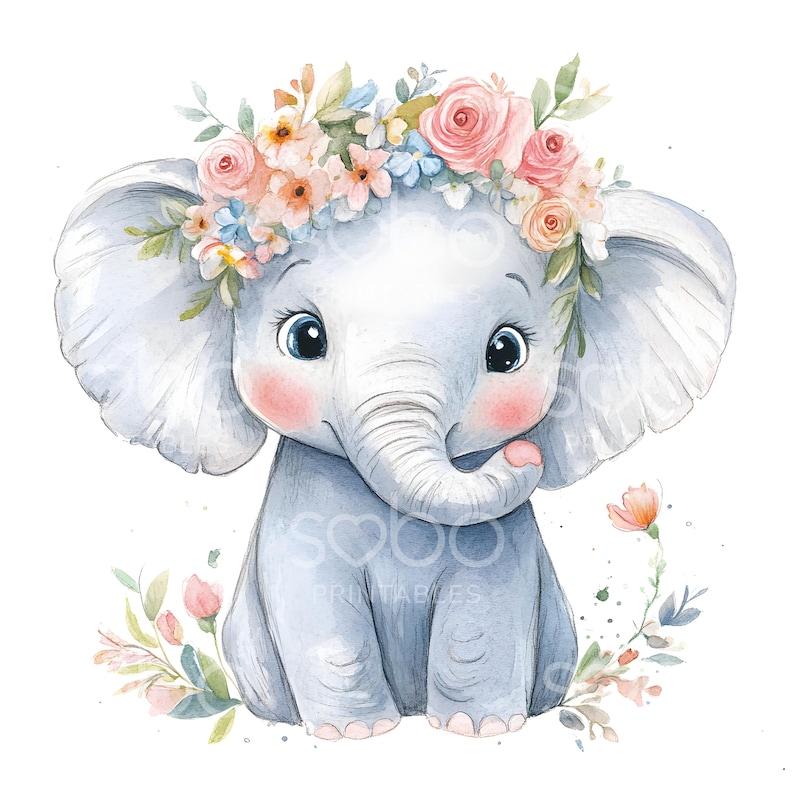 19 Baby Elephant Floral Clipart, Printable Watercolor Clipart, High ...