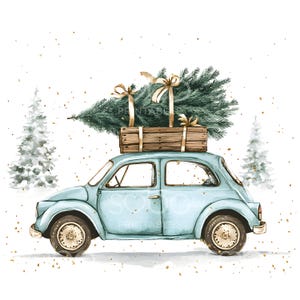 17 Vintage Christmas Blue Car Clipart, Blue Retro Car Fir Tree, Gold ...