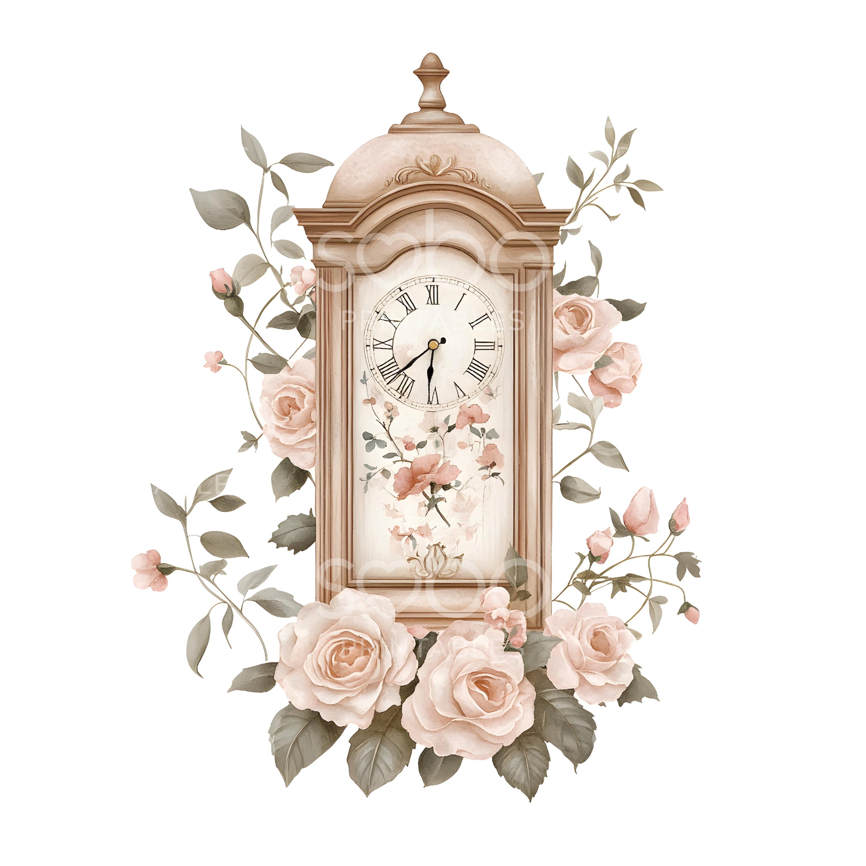24 Vintage Floral Clock Clipart, Victorian Clock, Printable Watercolor ...