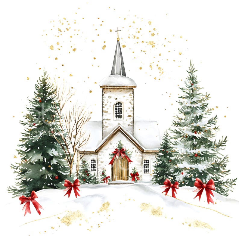 23 Christmas Church Clipart, Xmas Church Art, Gold Foil Christmas Card ...